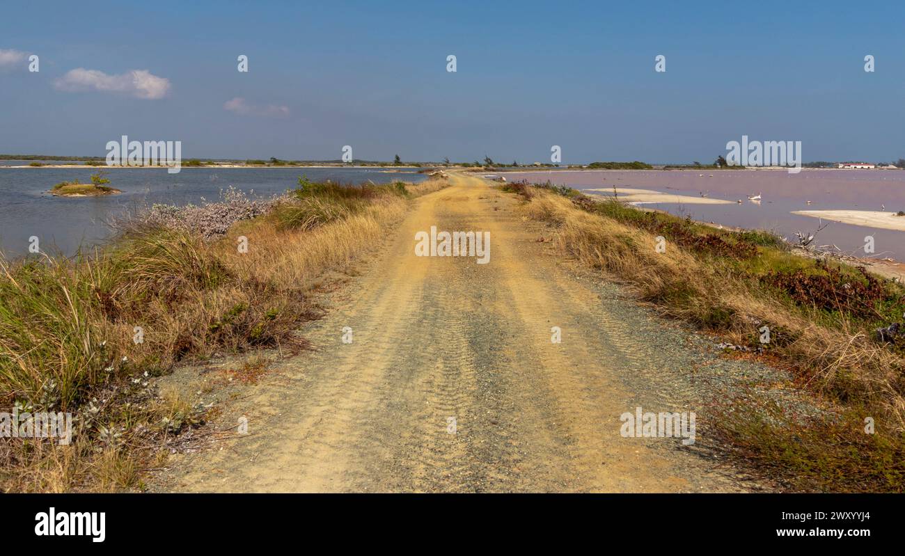 Shot of the two different colored lakes in Cuba, Cayo Coco island. Pink ...