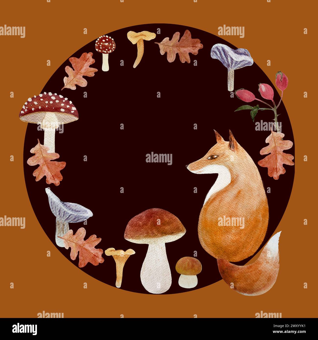 Fox in a oak leaf round frame watercolor flat illustration isolated on ...