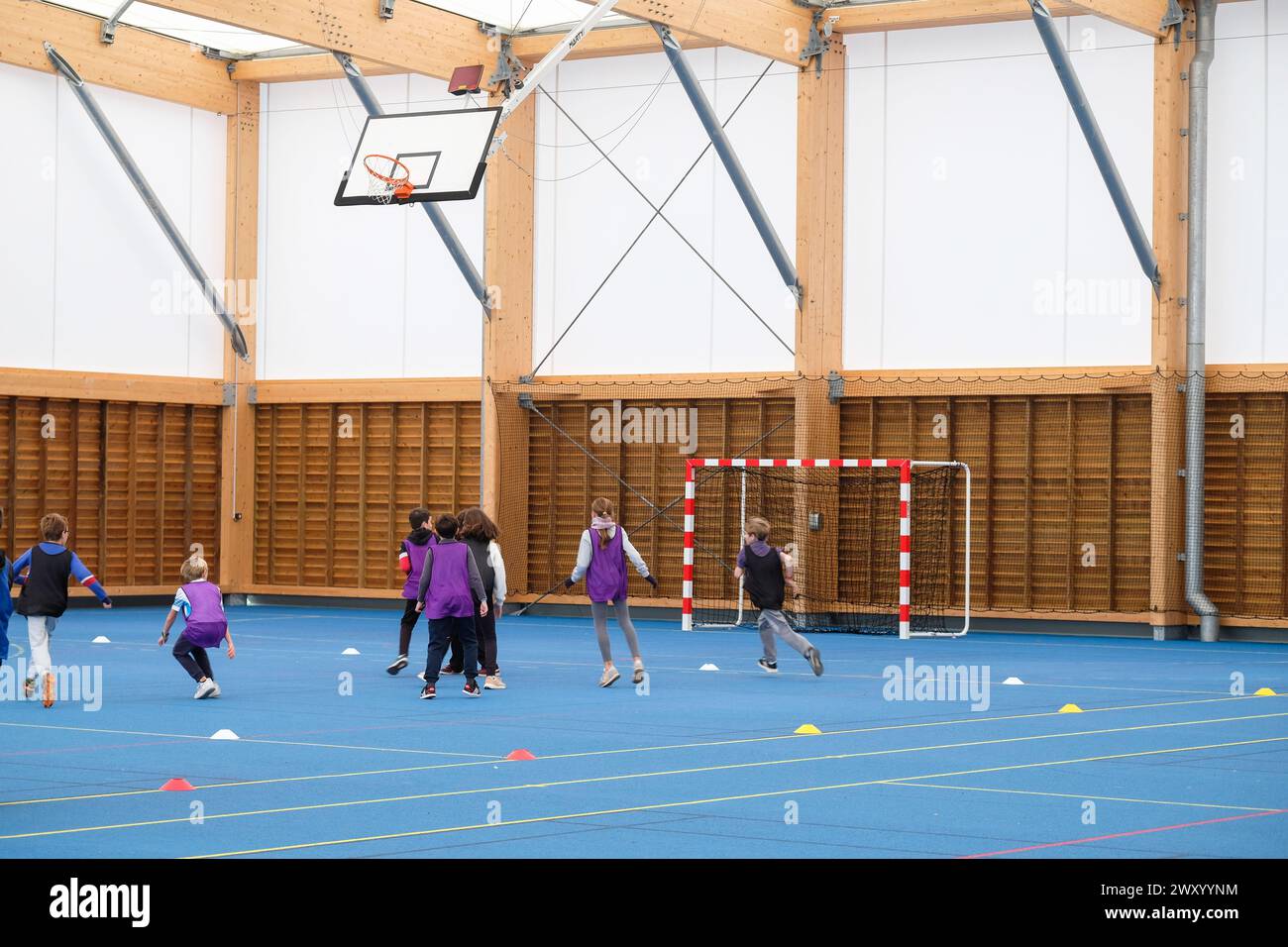 Children in sports class, physical education in a local sports complex ...