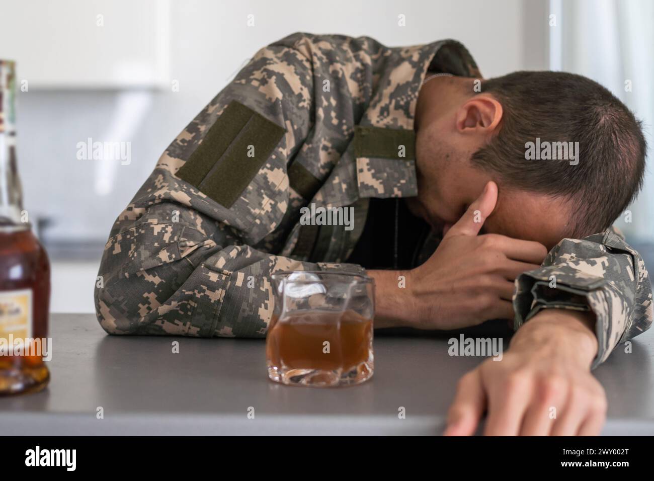 Alcoholism, sad depressed asian young man refuse, push alcoholic beverage glass, drink whiskey ...