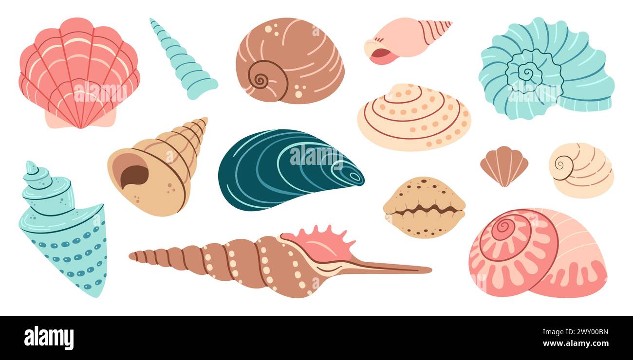 Sea shell cartoon set. Ocean exotic underwater seashell conch aquatic ...