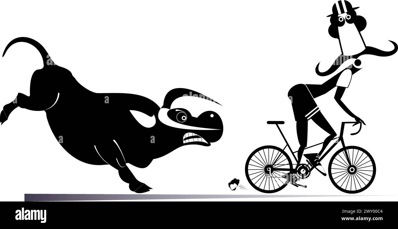Angry bull and cyclist man. Cartoon frightened cyclist man escapes from ...