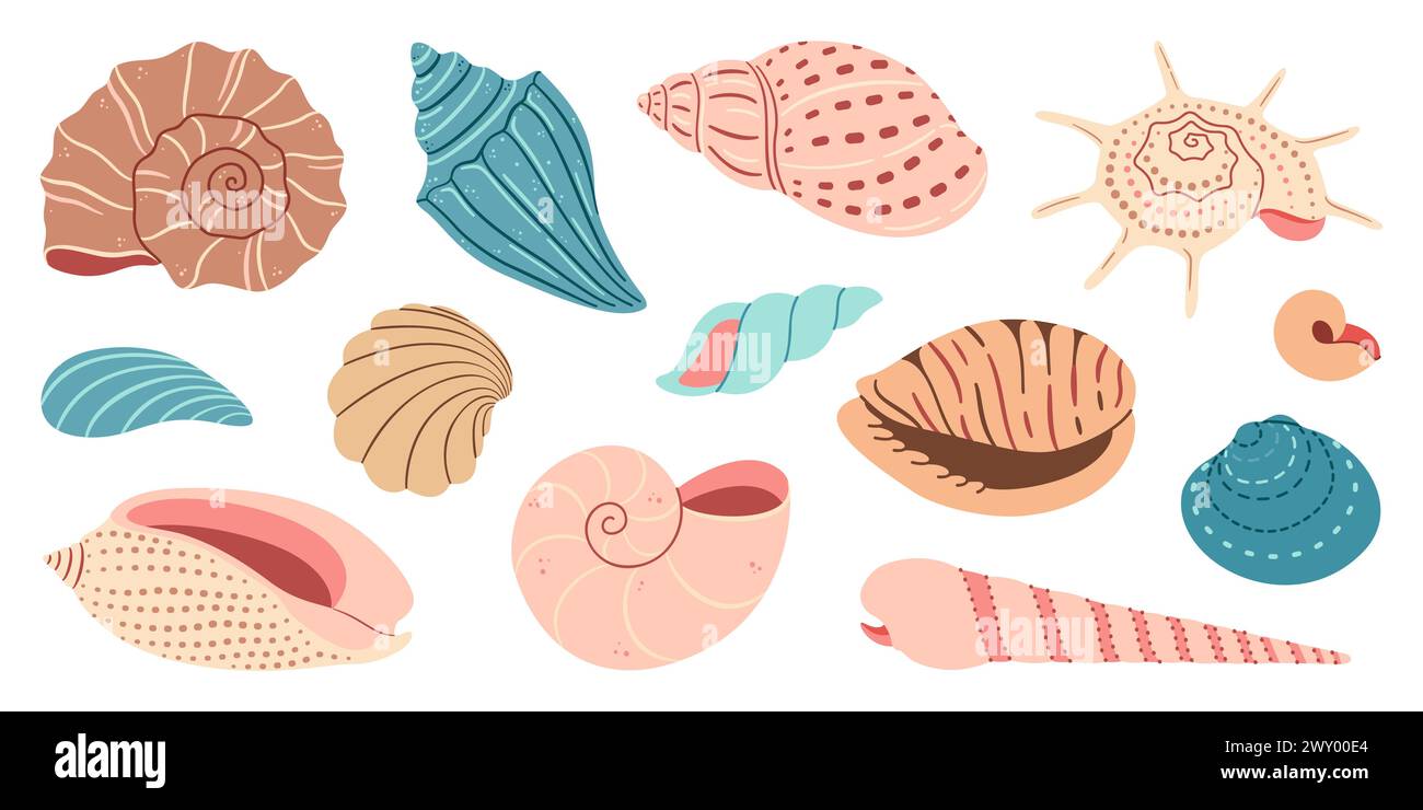 Sea shell cartoon set. Ocean exotic underwater seashell conch aquatic ...