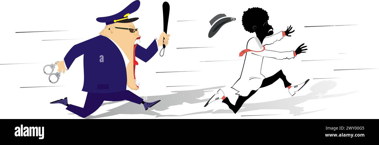 African man runs away from an angry policeman. Police officer with ...