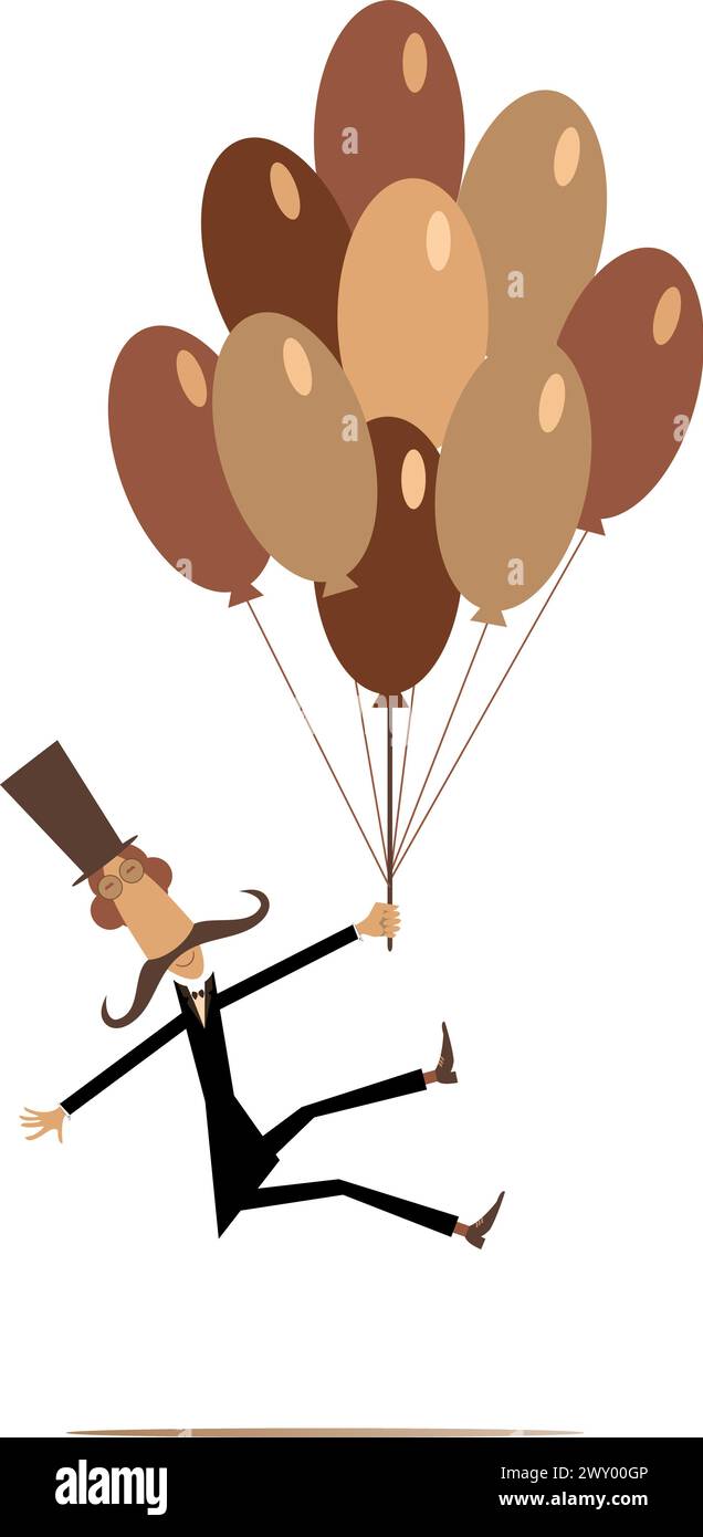Comic long mustache man in the top hat flying up holding air balloons ...