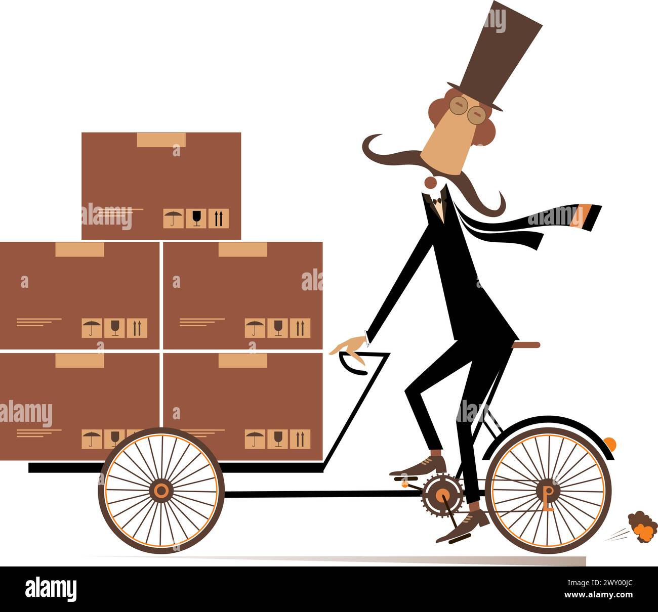 Postman on the bike delivering parcels. Funny mustache postman in the ...