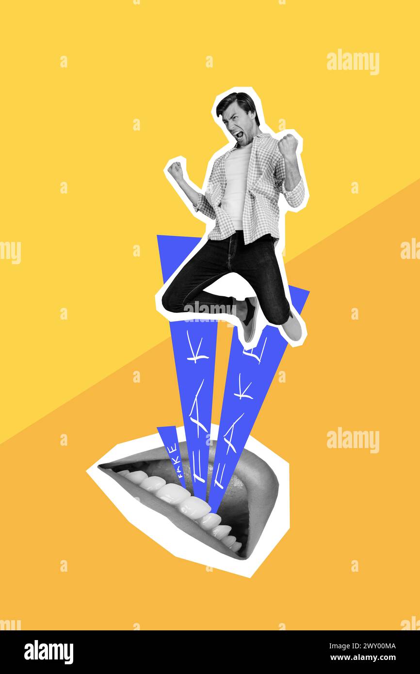 Vertical photo collage of angry guy jump smile mouth fake information ...