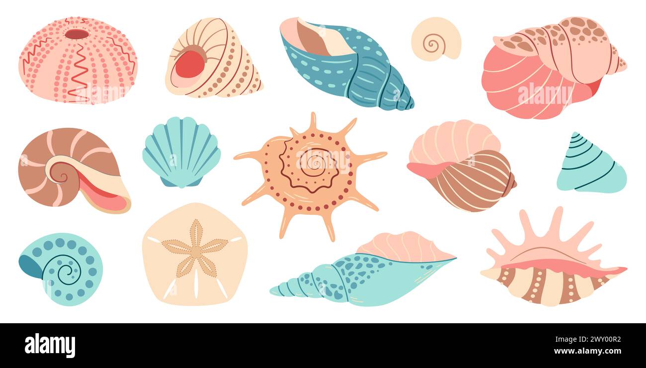 Sea shell cartoon set. Ocean exotic underwater seashell conch aquatic ...