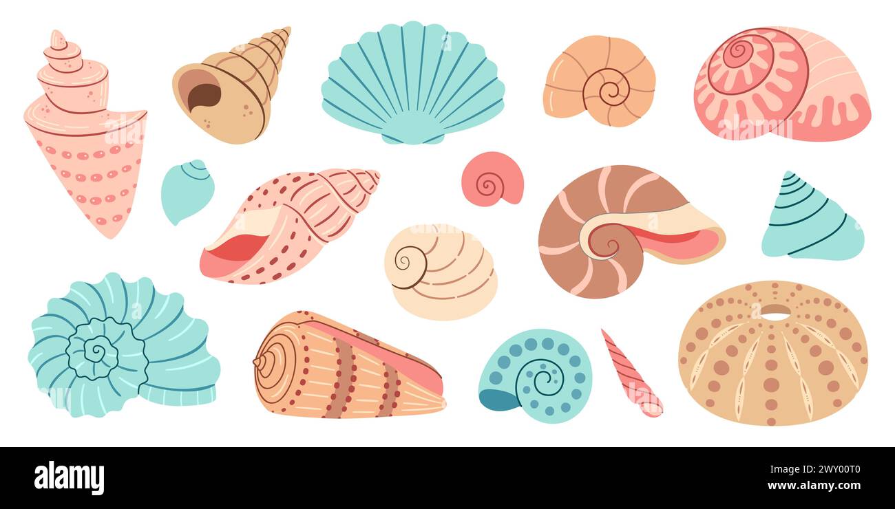 Sea shell cartoon set. Ocean exotic underwater seashell conch aquatic ...