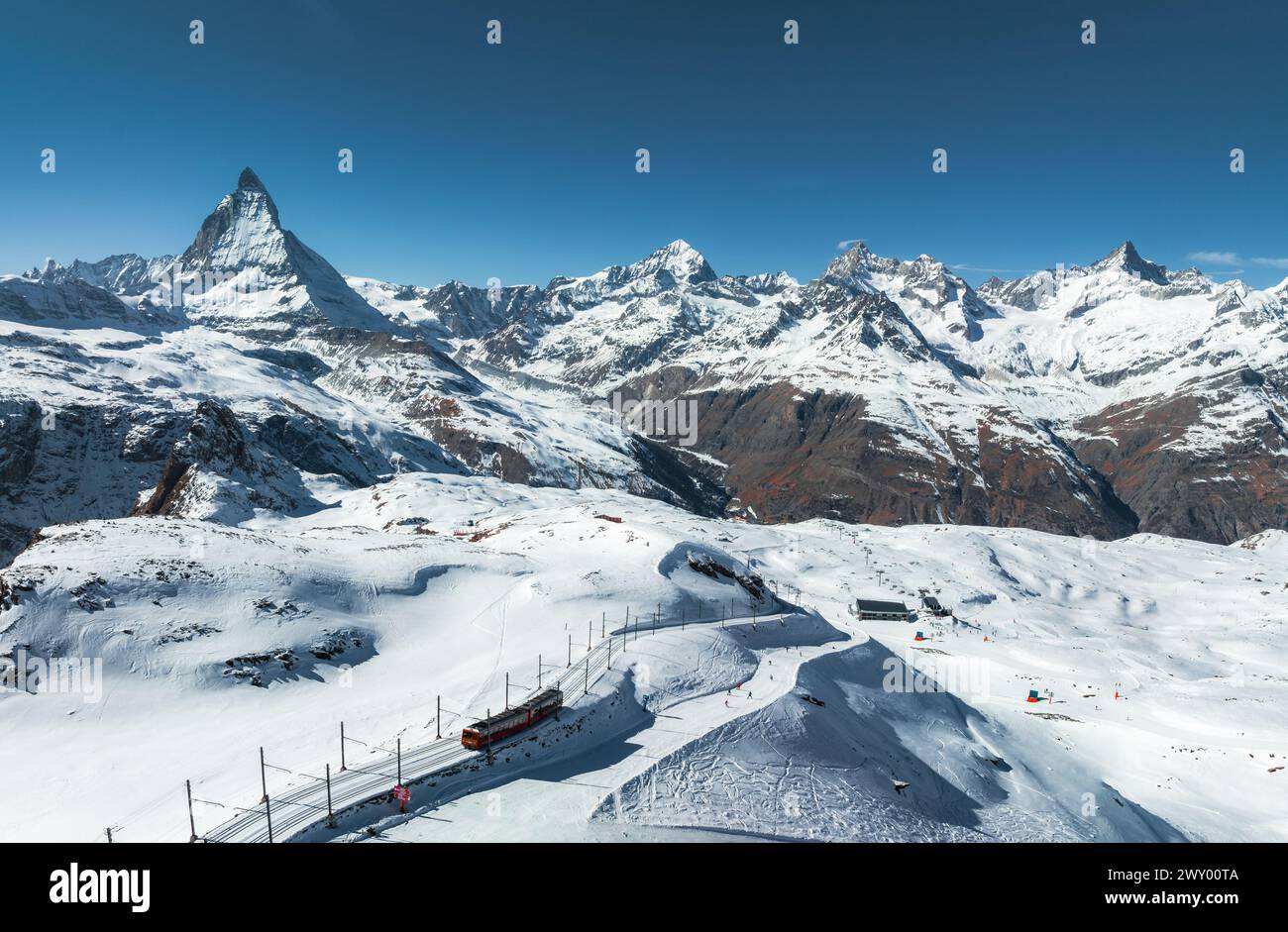 Famous Matterhorn peak with Gornergrat train in Zermatt area Stock ...