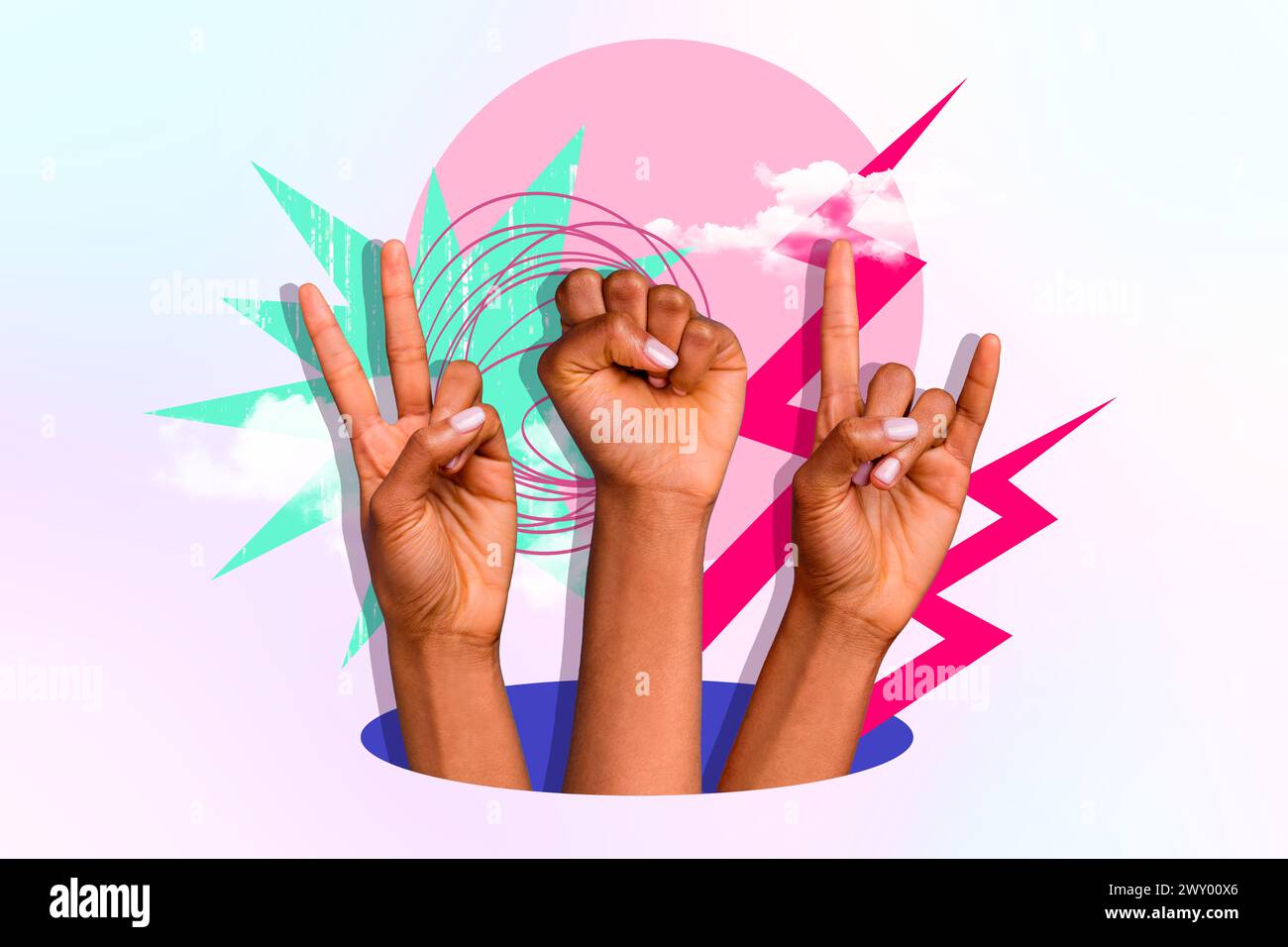 Composite photo collage of hands show gesture fist victory rock fingers ...