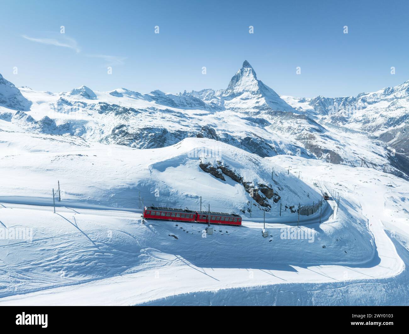 Famous Matterhorn peak with Gornergrat train in Zermatt area Stock ...