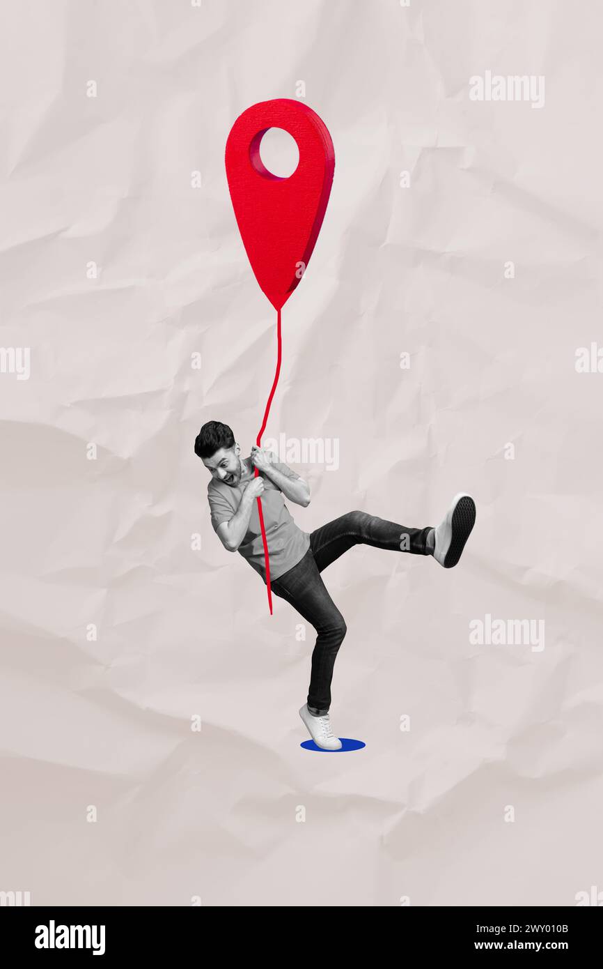 Vertical photo collage of happy man fall hole string balloon gps ...