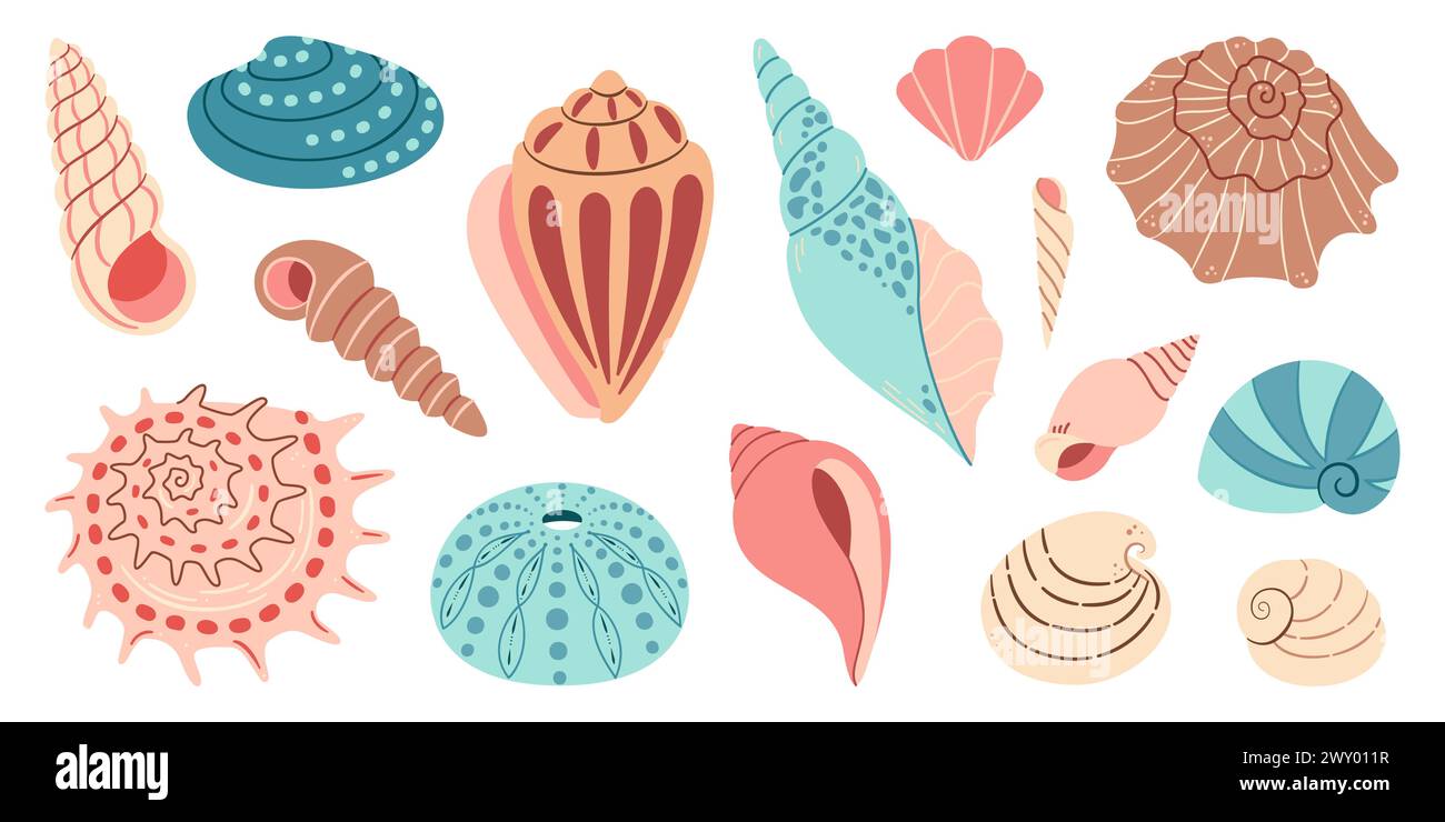 Sea shell cartoon set. Ocean exotic underwater seashell conch aquatic ...