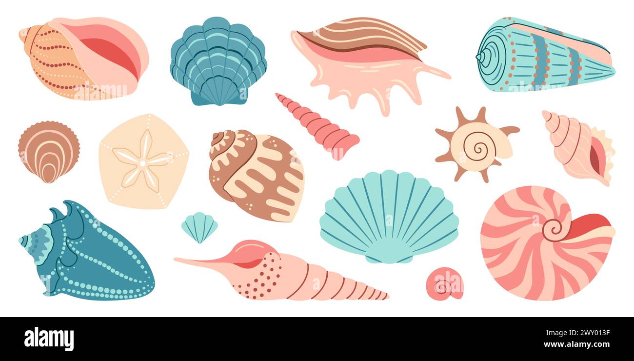 Sea shell cartoon set. Ocean exotic underwater seashell conch aquatic ...