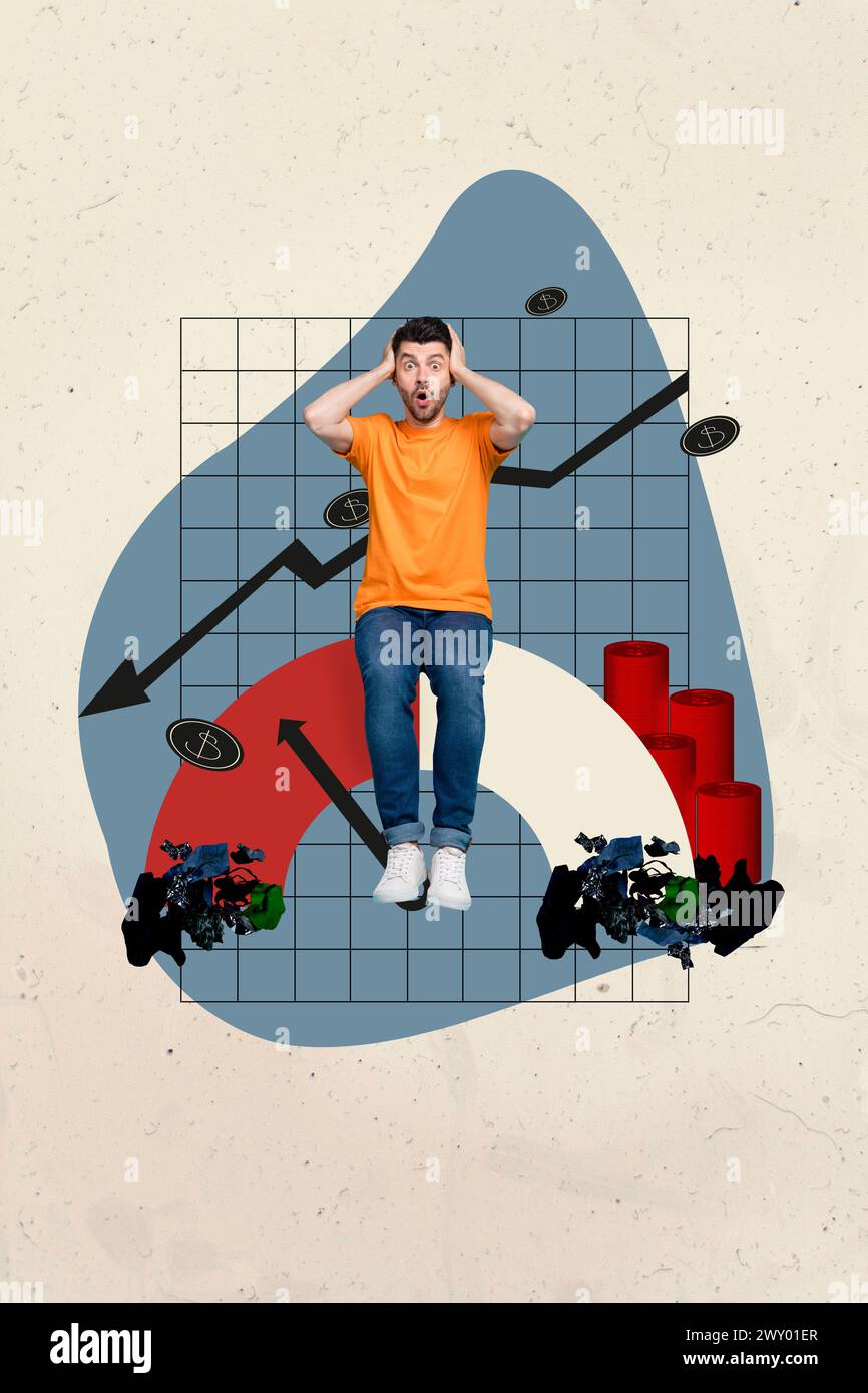 Vertical photo collage of shocked guy sit red level pointer arrow ...