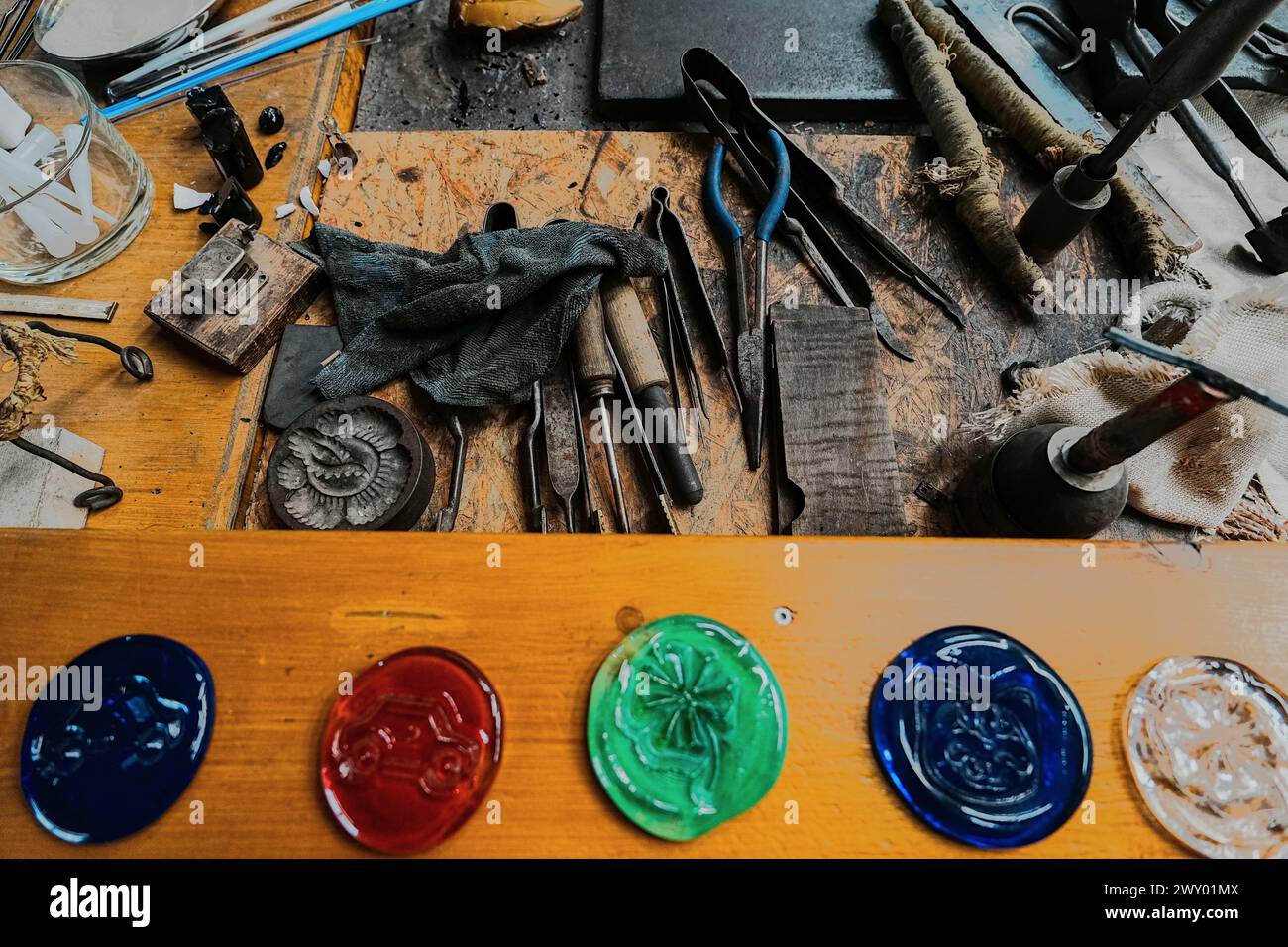 The tools for the Art and old craft of glassblowing, hot melted glass ...