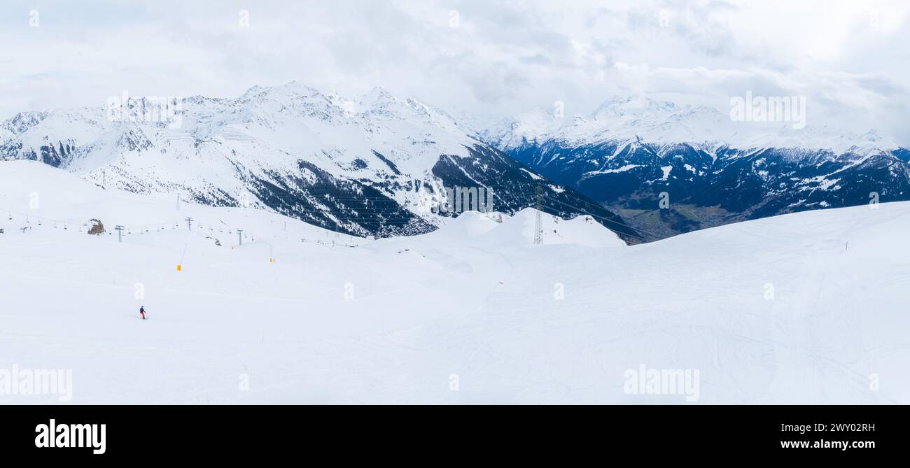 Aerial shot of Verbier, Switzerland shows snow slopes, ski lifts Stock ...