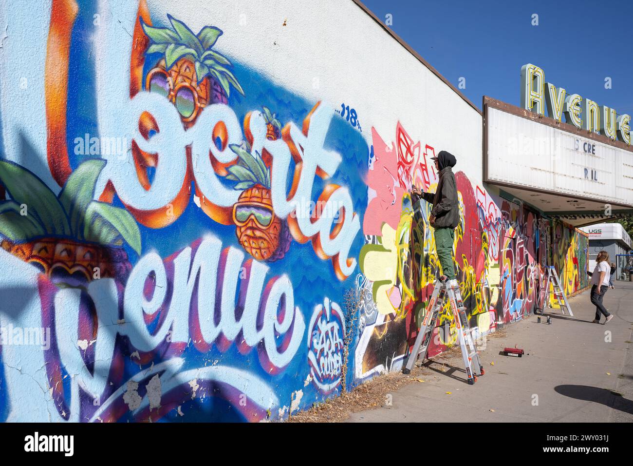 A graffiti artist standing on a ladder and painting a wall Stock Photo ...