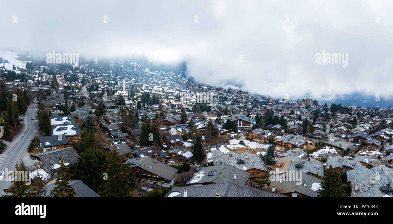 Aerial panoramic view of the Verbier ski resort town in Switzerland ...