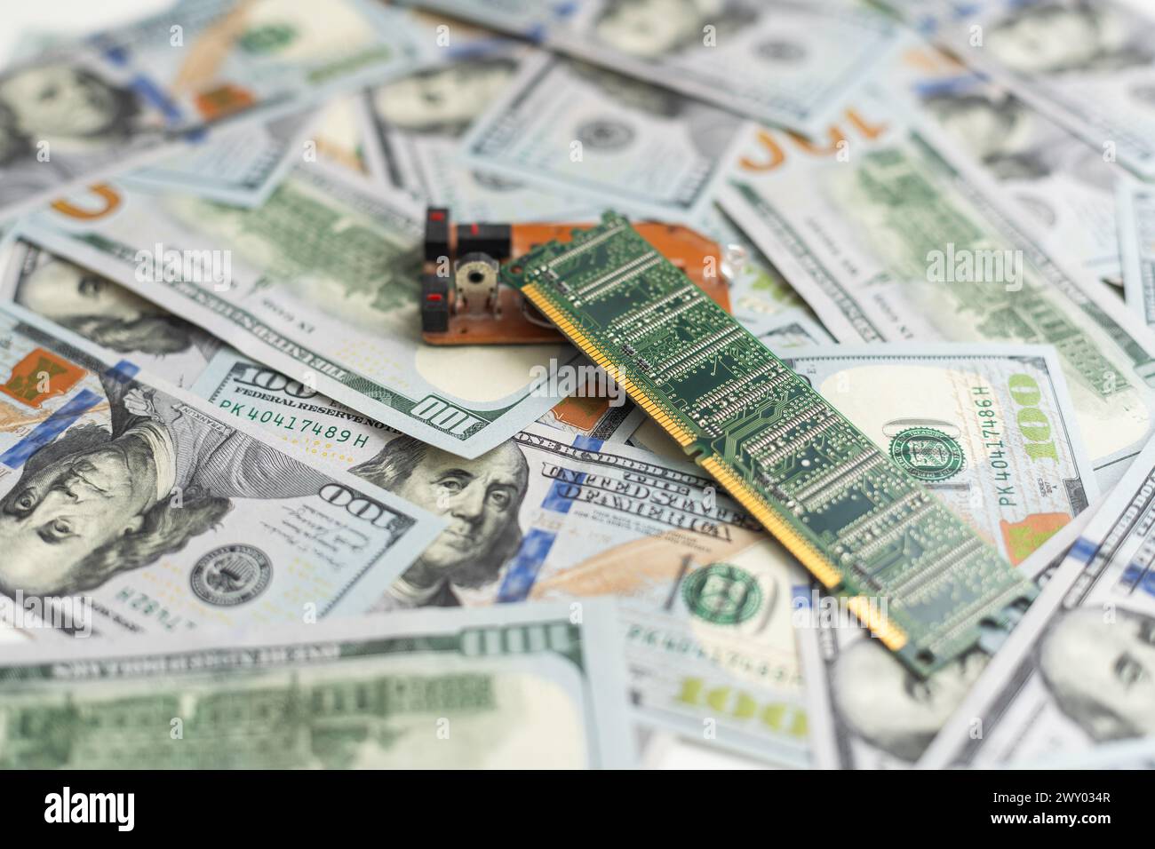 Semiconductor chips shortage and high price. Pile of computer chips and ...