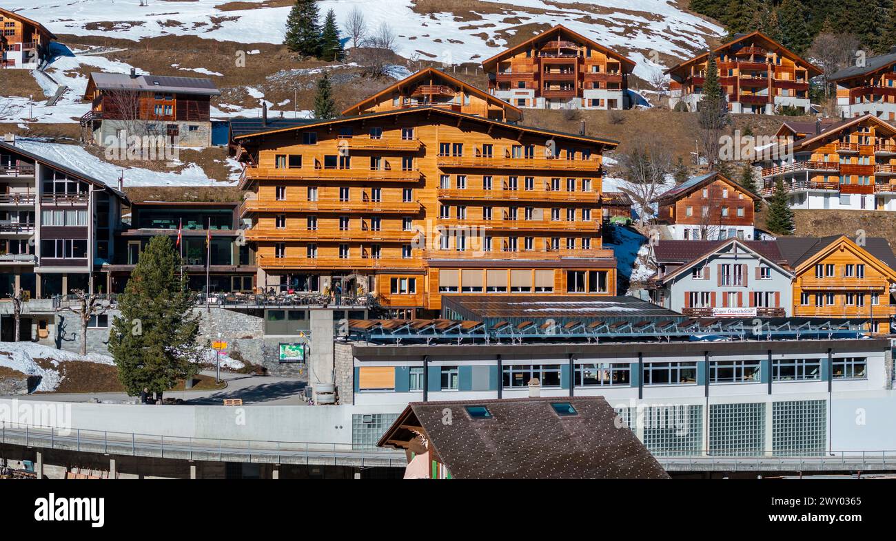 Aerial panoramic view of the Verbier ski resort town in Switzerland ...