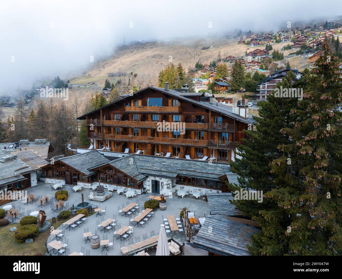 Aerial panoramic view of the Verbier ski resort town in Switzerland ...