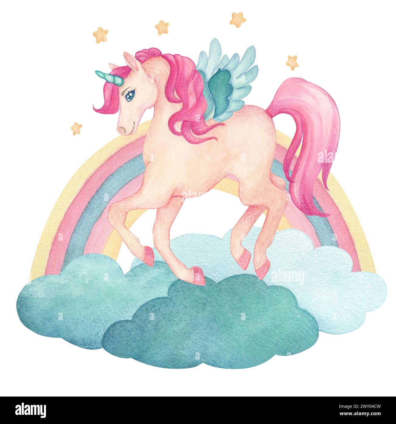 Watercolor illustration of a cute jumping unicorn with wings on clouds ...