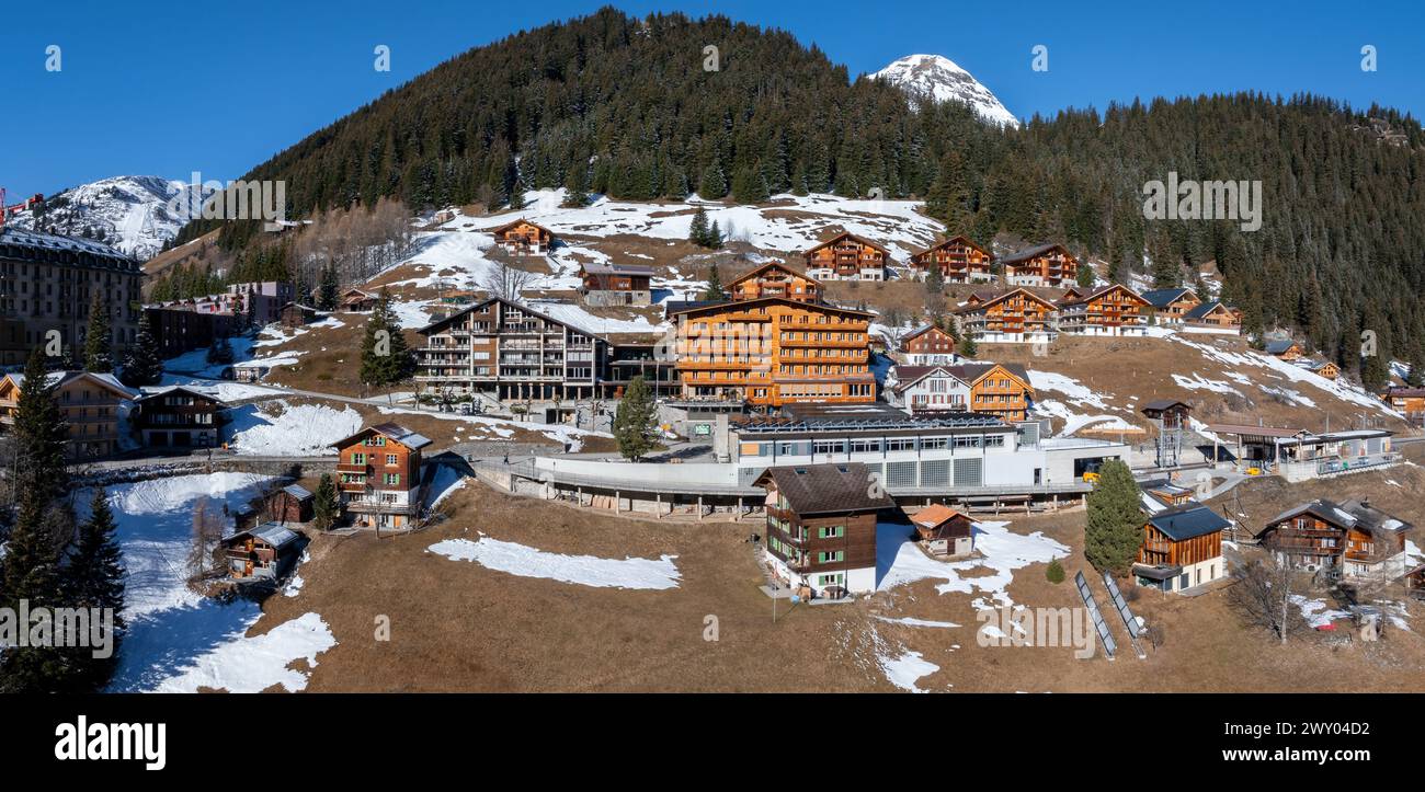 Aerial panoramic view of the Verbier ski resort town in Switzerland ...