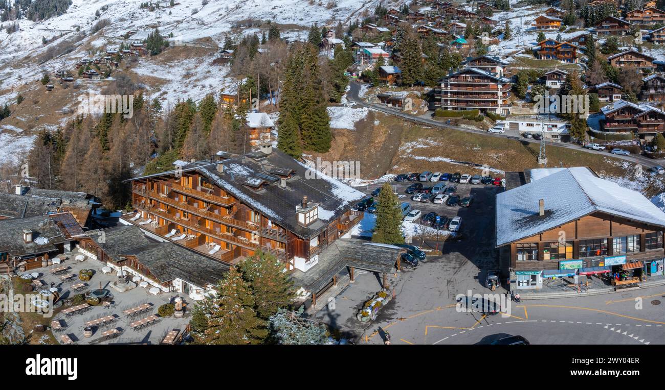 Aerial panoramic view of the Verbier ski resort town in Switzerland ...