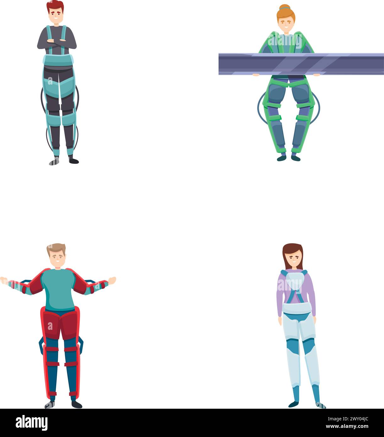 Exoskeleton icons set cartoon vector. People in robotic exoskeleton ...