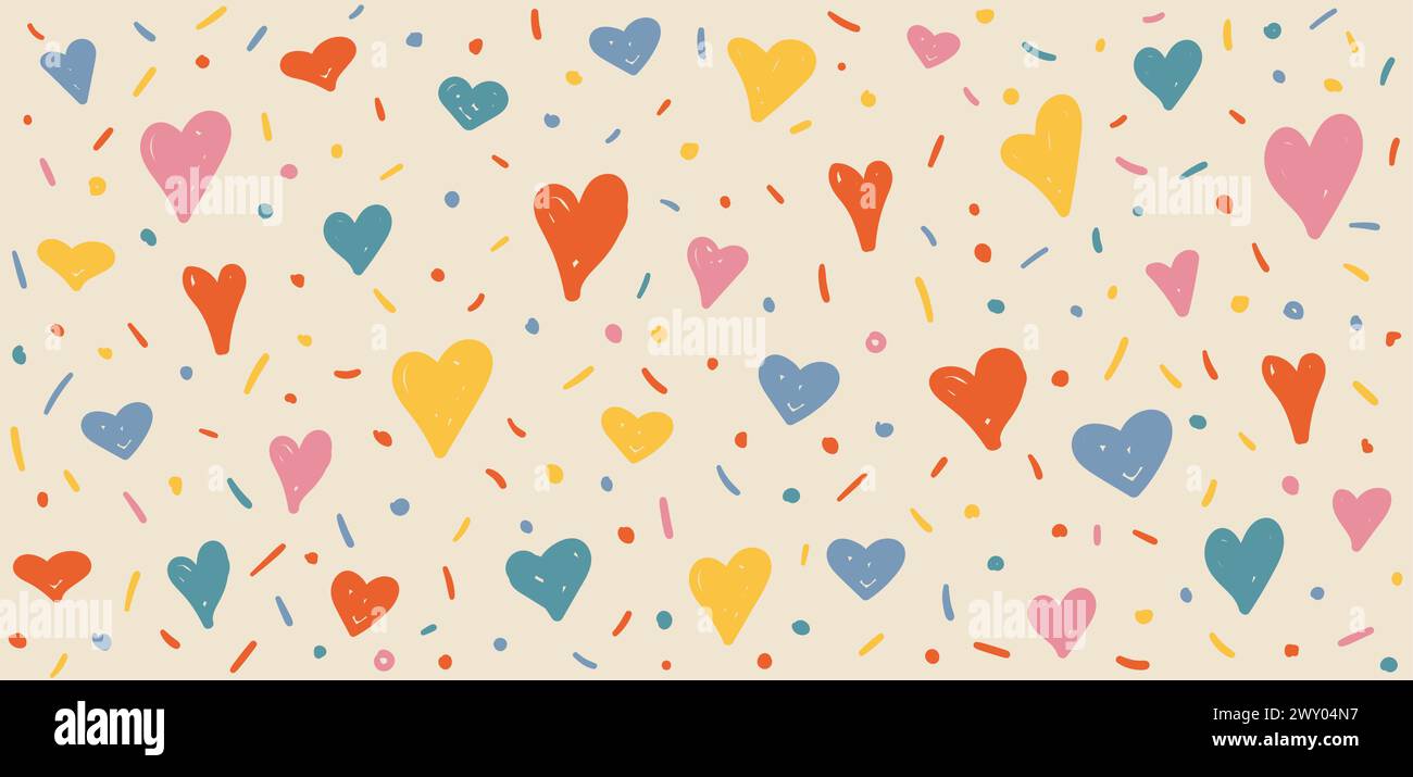Hearts hand drawn Y2K naive seamless pattern. Vector colorful doodle ...