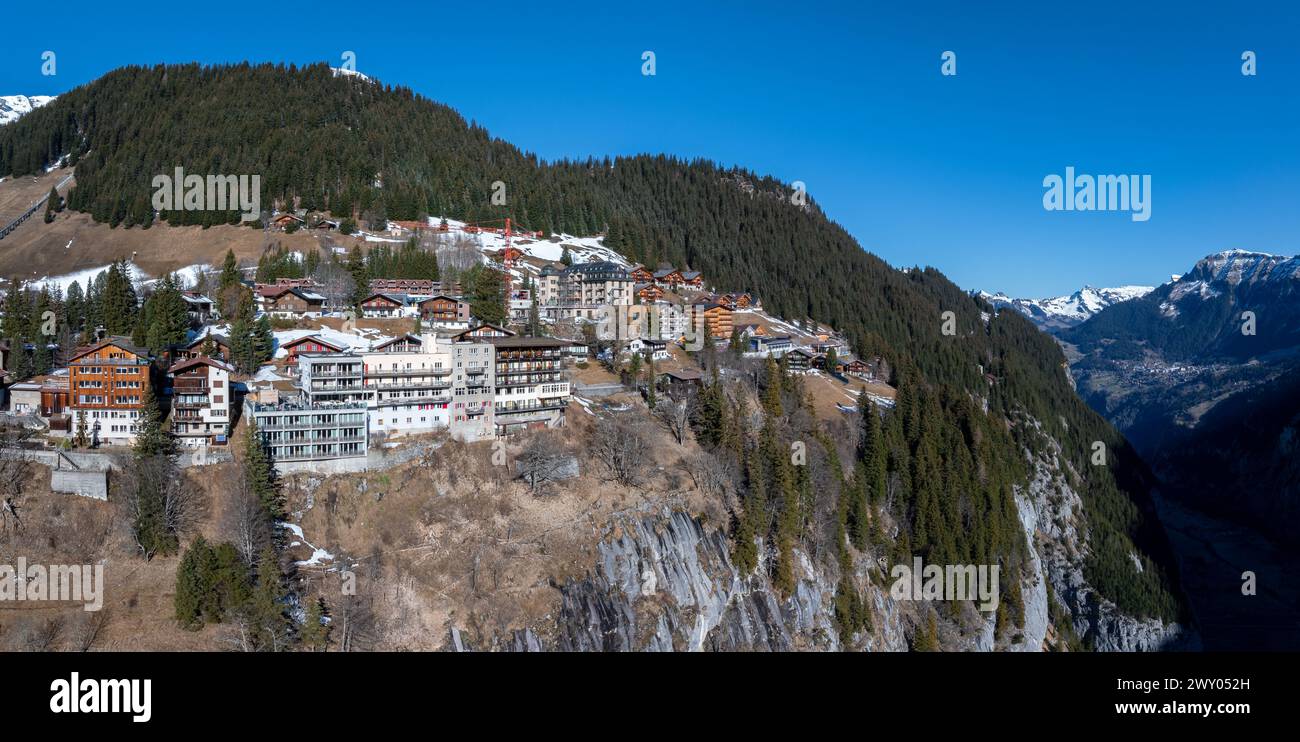 Aerial view of Murren, Switzerland, showcases a serene mountain village ...