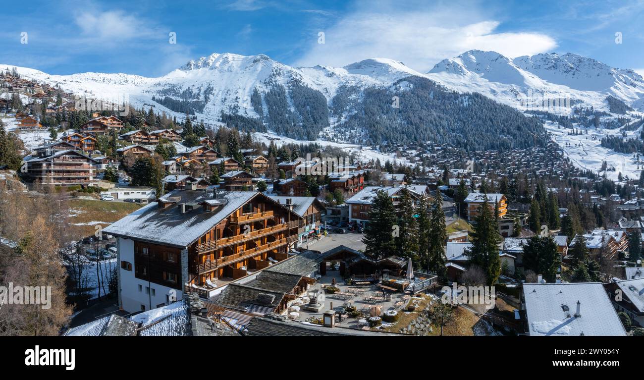 Aerial panoramic view of the Verbier ski resort town in Switzerland ...