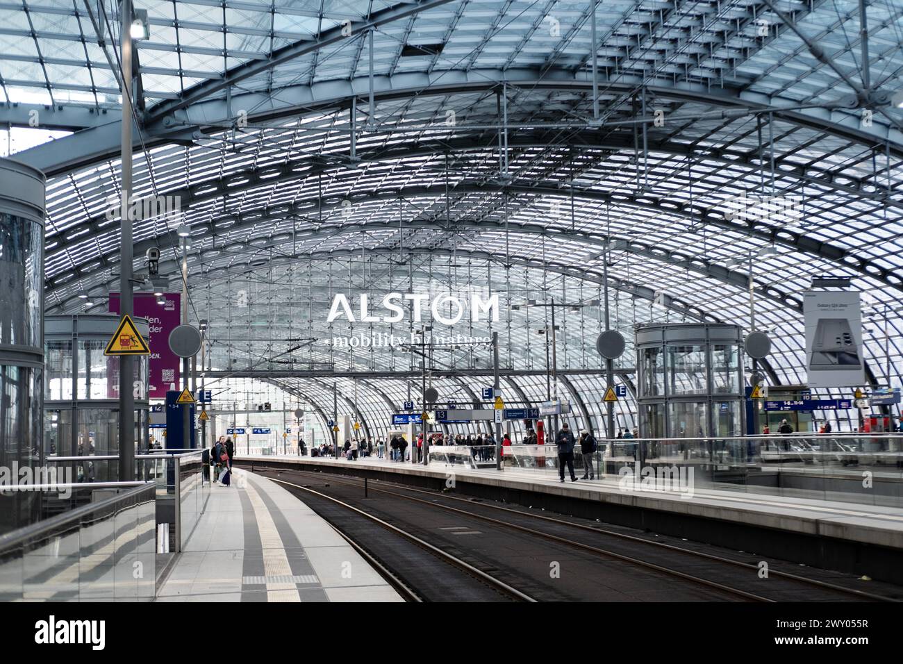 Alstom logo Company on arched metal vault at train station, French ...