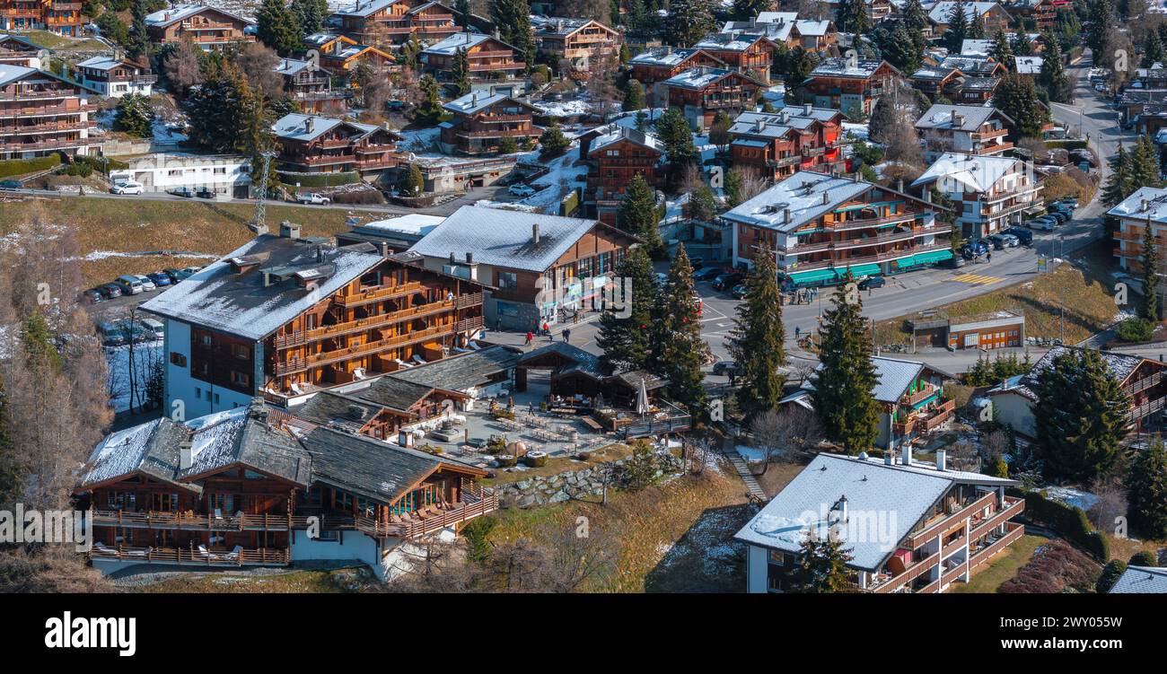 Aerial panoramic view of the Verbier ski resort town in Switzerland ...
