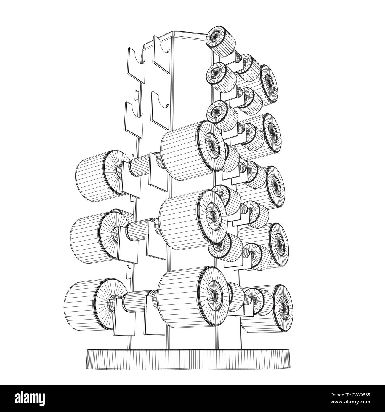 Wireframe of a set of dumbbells of different sizes placed on a rack ...