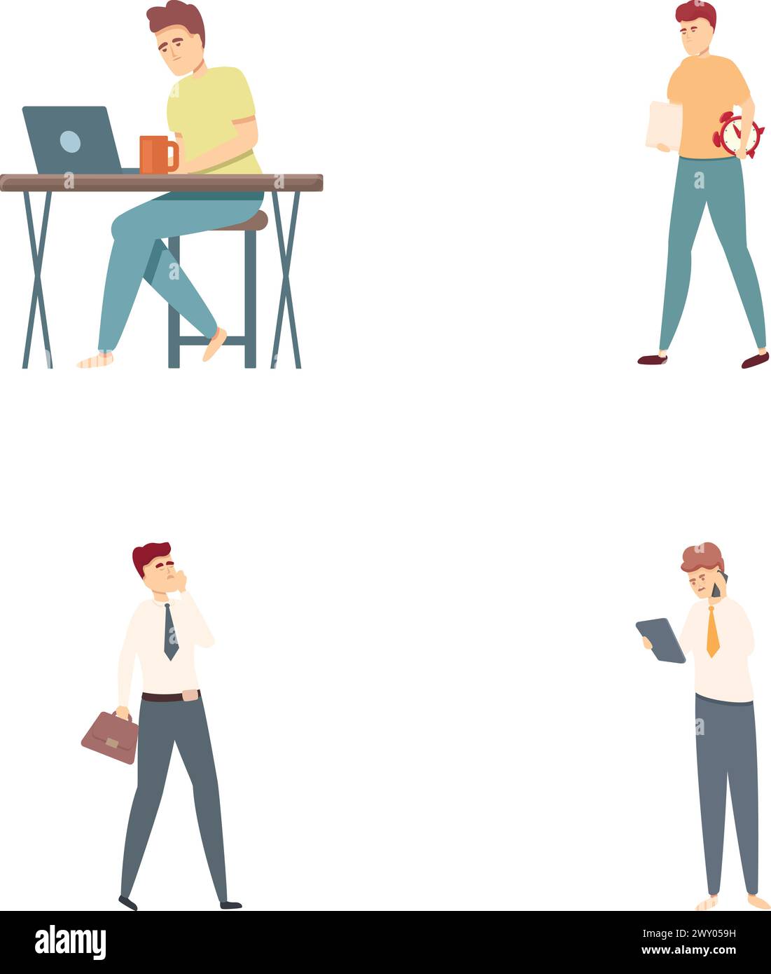 Overtime concept icons set cartoon vector. Office employee working ... Overtime concept icons set cartoon vector. Office employee working ...