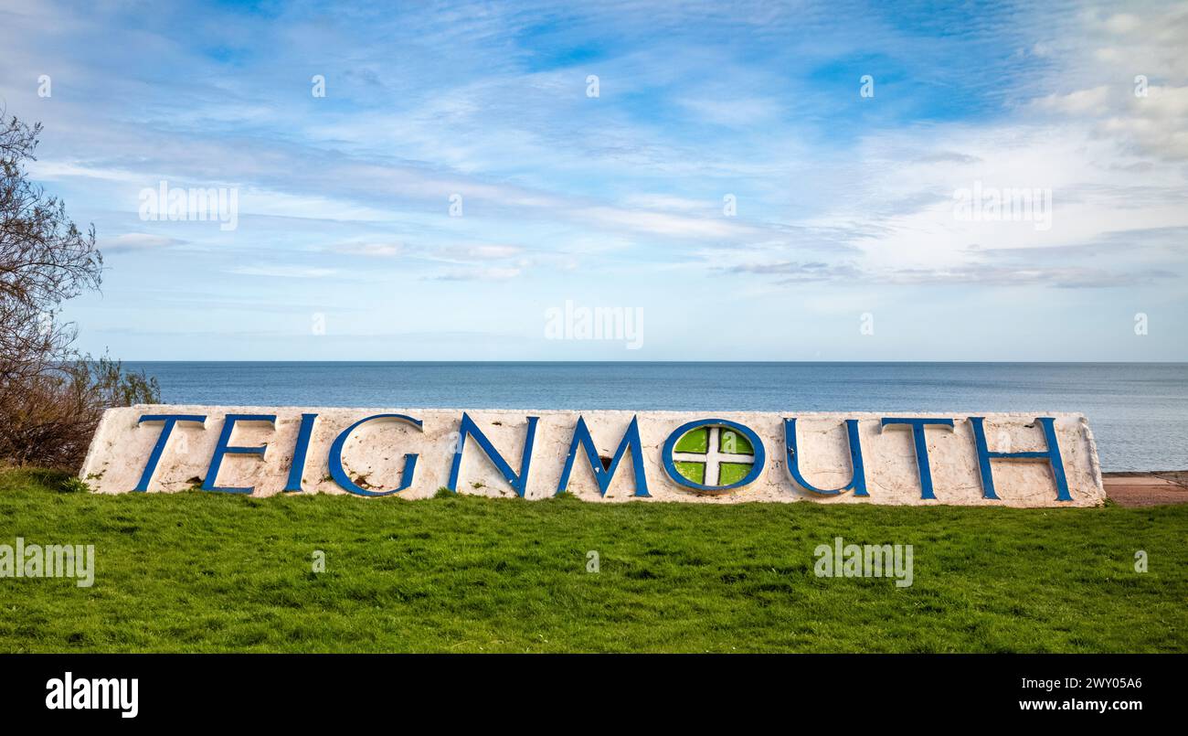 A large concrete and painted landmark sign reading Teignmouth on the ...