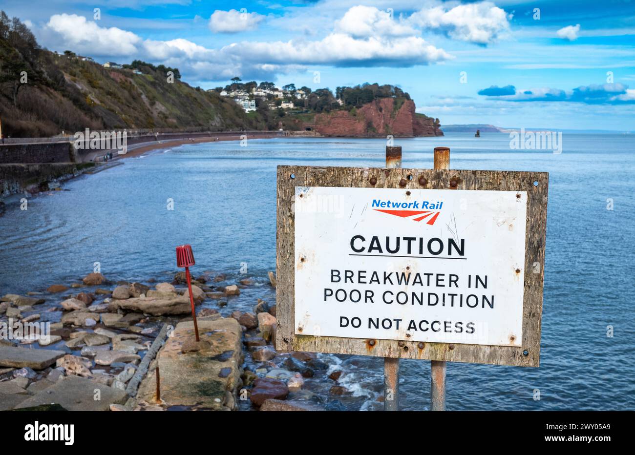 A sign from Network Rail advising that the breakwater was in poor ...