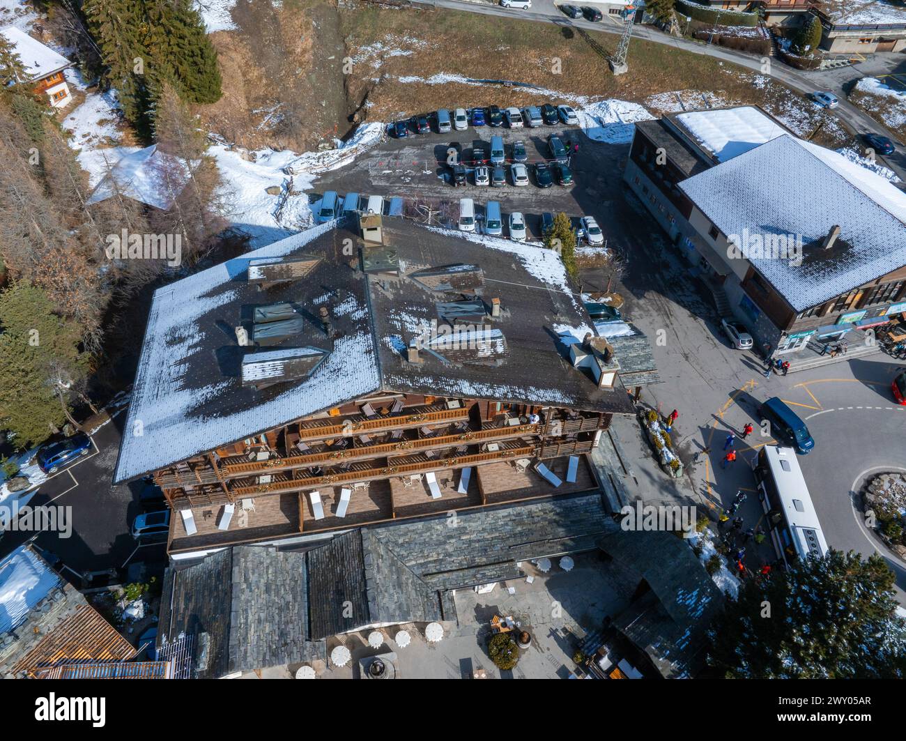 Aerial panoramic view of the Verbier ski resort town in Switzerland ...