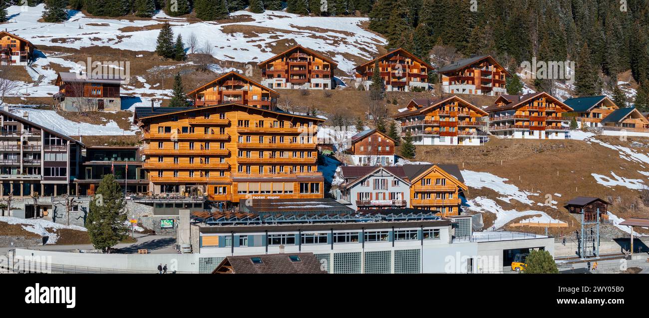 Aerial panoramic view of the Verbier ski resort town in Switzerland ...