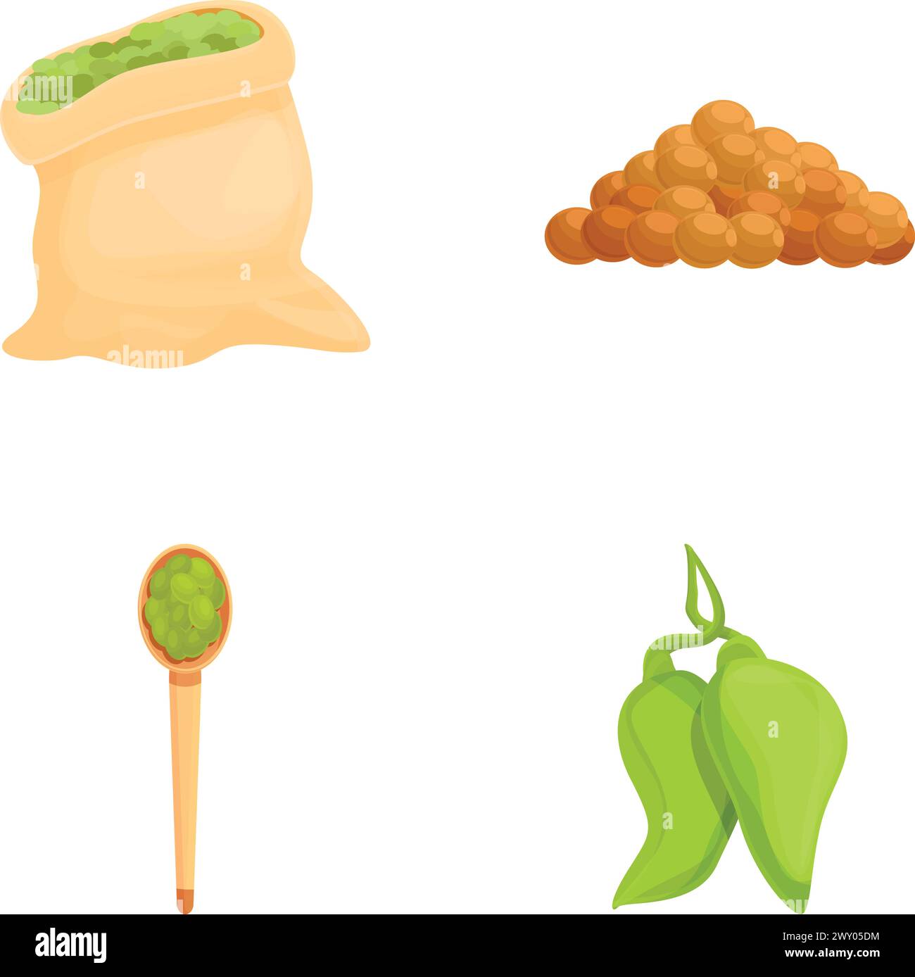 Lentil icons set cartoon vector. Green lentil pod and seed in bag and ...