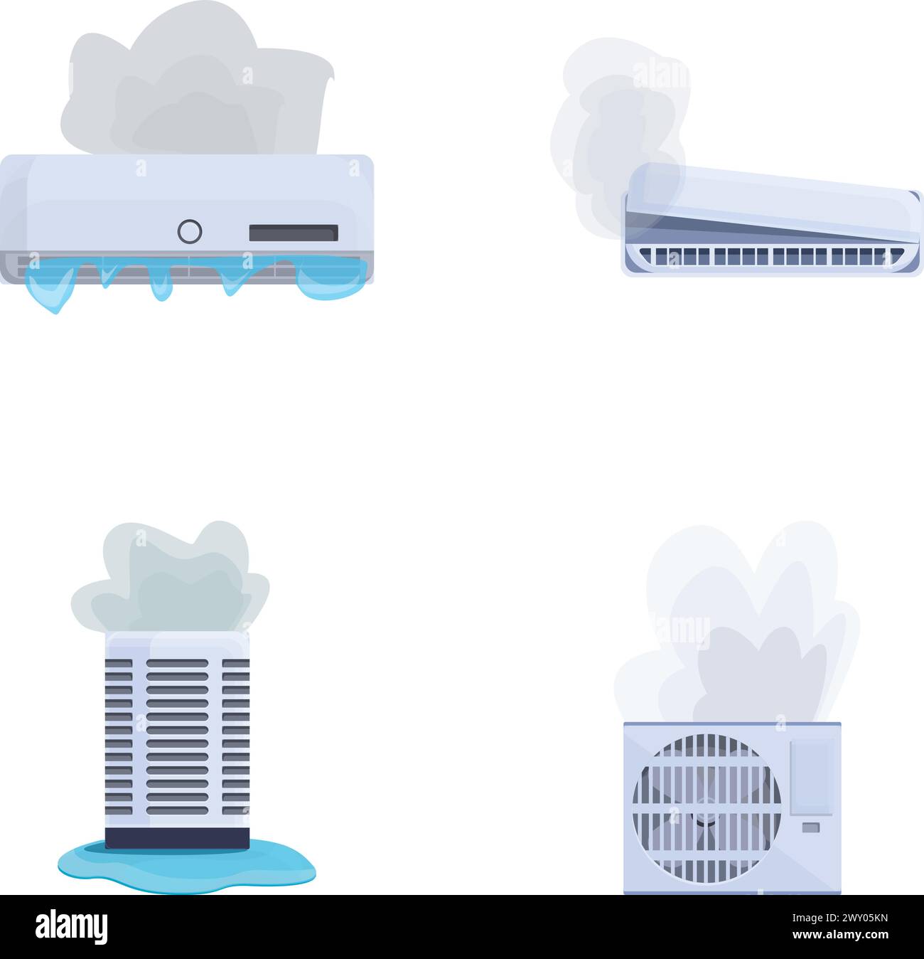 Damaged conditioner icons set cartoon vector. Various broken air ...