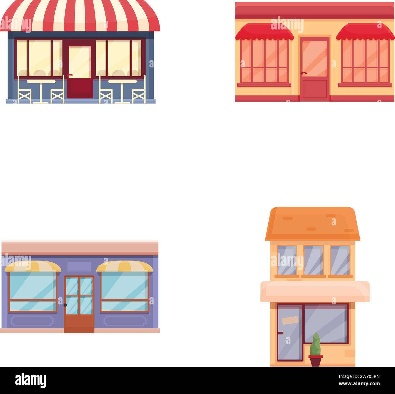 Summer cafe icons set cartoon vector. Colorful facade of cafe with ...