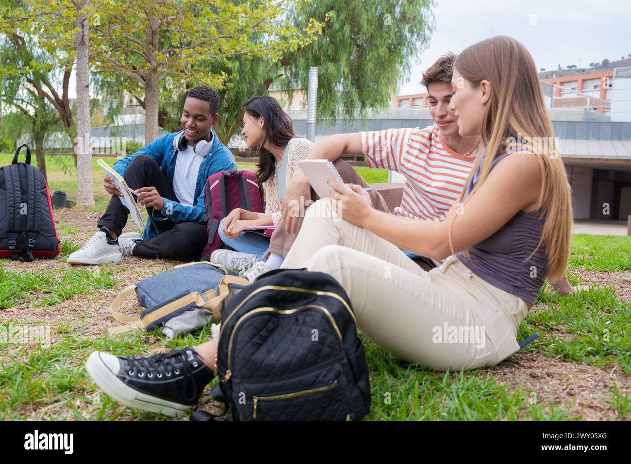 Multiracial group of four happy teenage students talking with college ...