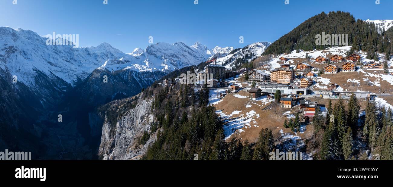 Aerial view of Murren, Switzerland, showcases a serene mountain village ...