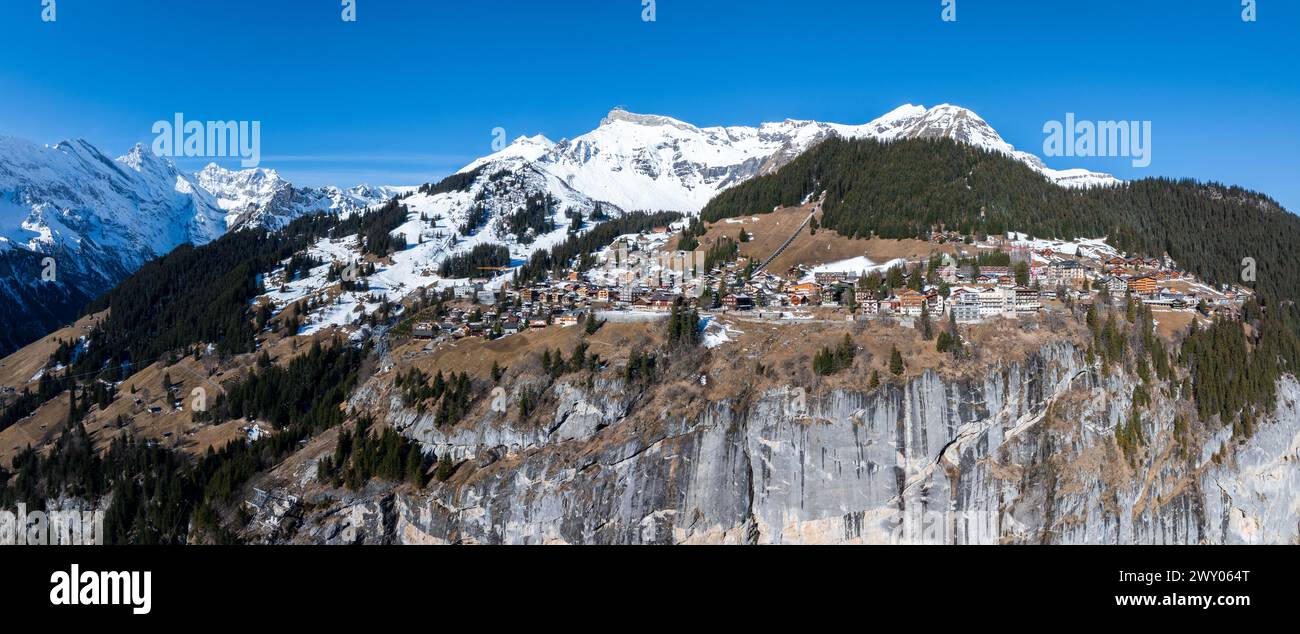 Aerial view of Murren, Switzerland, showcases a serene mountain village ...