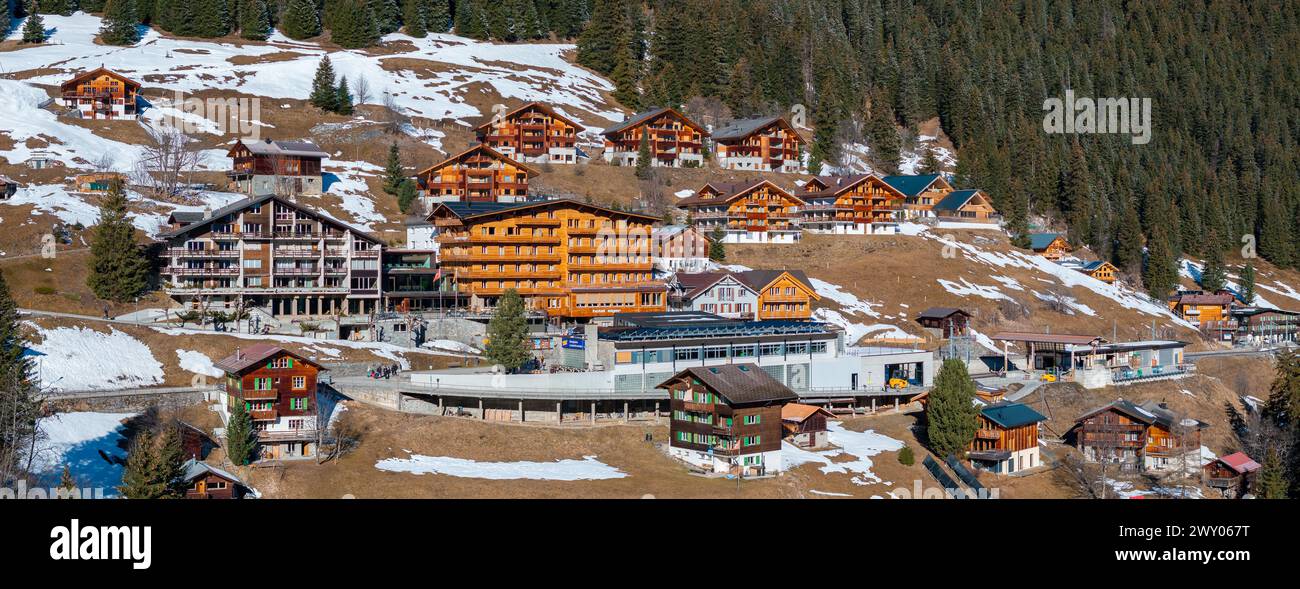 Aerial panoramic view of the Verbier ski resort town in Switzerland ...
