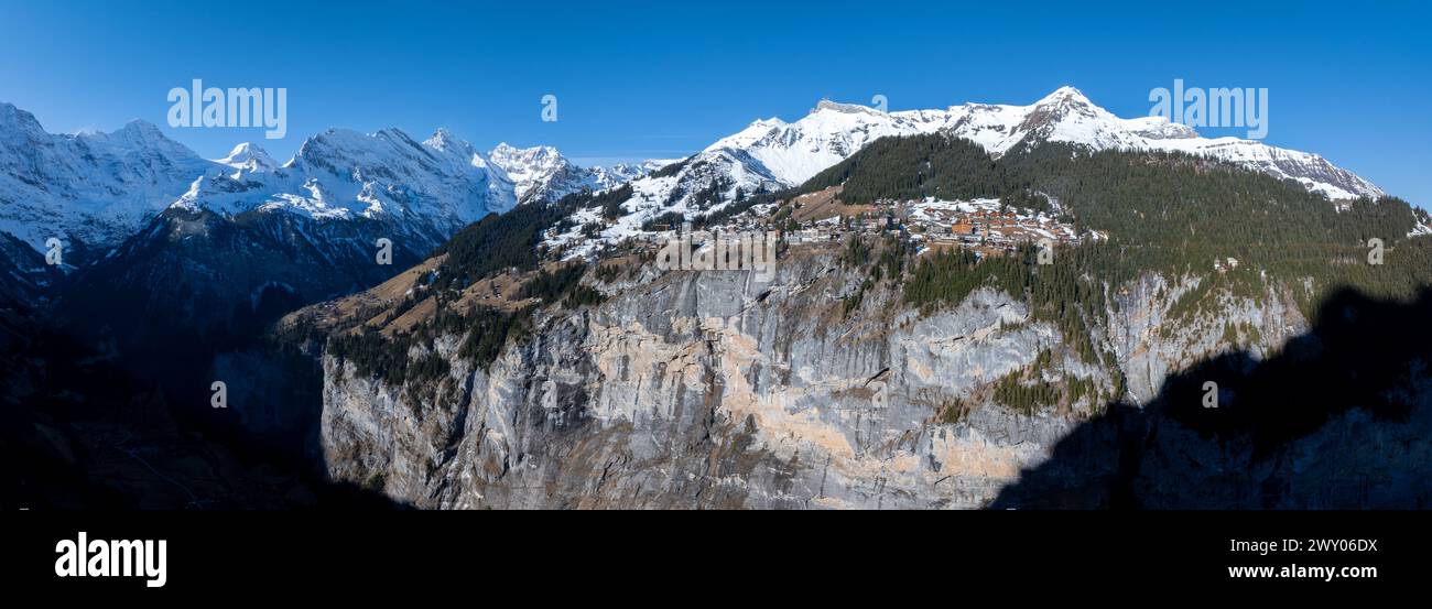 Aerial view of Murren, Switzerland, showcases a serene mountain village ...